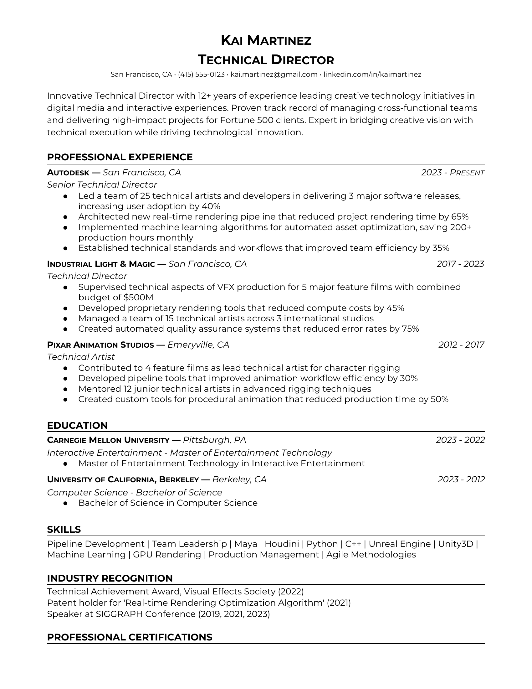 Technical Director in Creative & Design Resume Examples & Tips for 2025 | Careerday